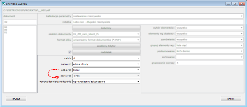 Wydruk listy materiałowej | INFOTEKA Dietrich's